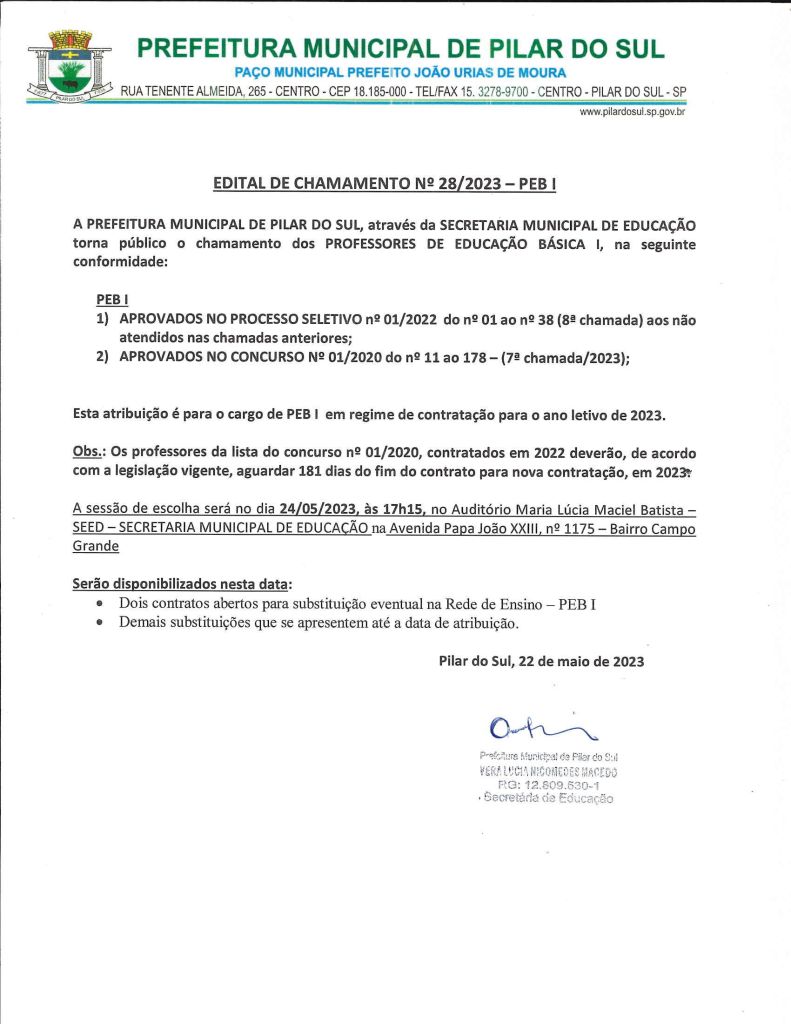 Notícia - Edital de Chamamento Público n° 28/2023 - Prefeitura Municipal de Pilar do Sul